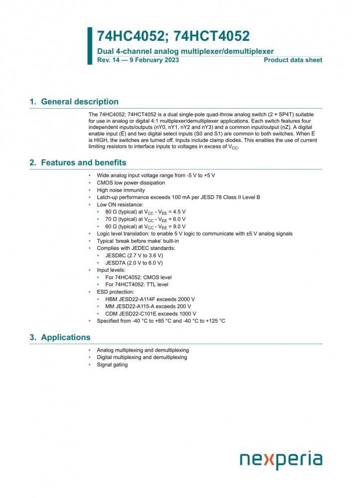 74HC4052BZX datasheet page 1