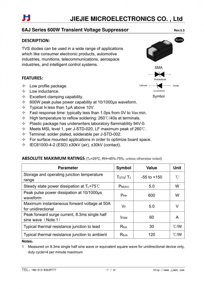 6AJ series TVS diode datasheet page 1