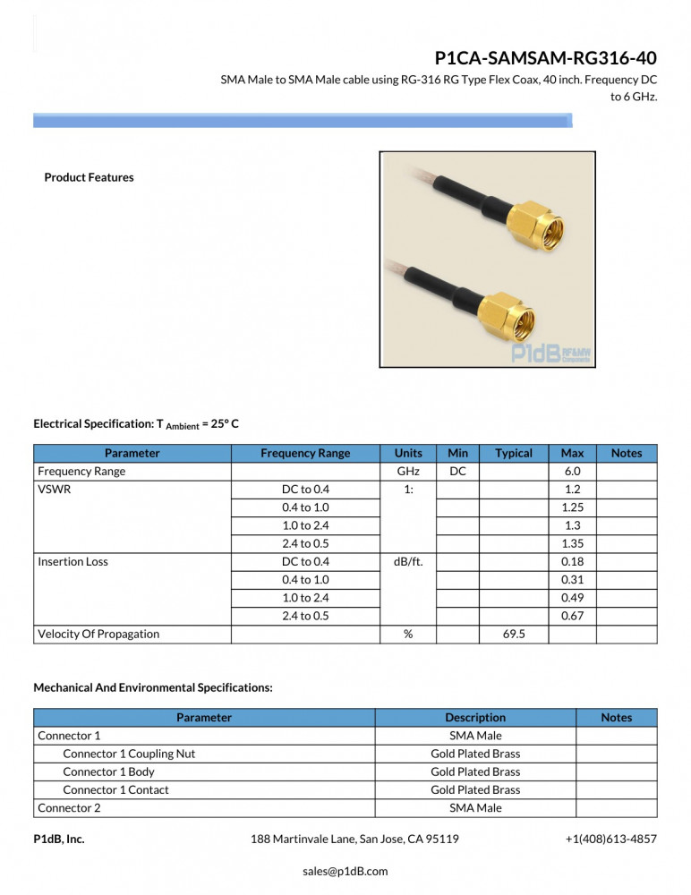 P1CA-SAMSAM-RG316-40 product document image, page 1