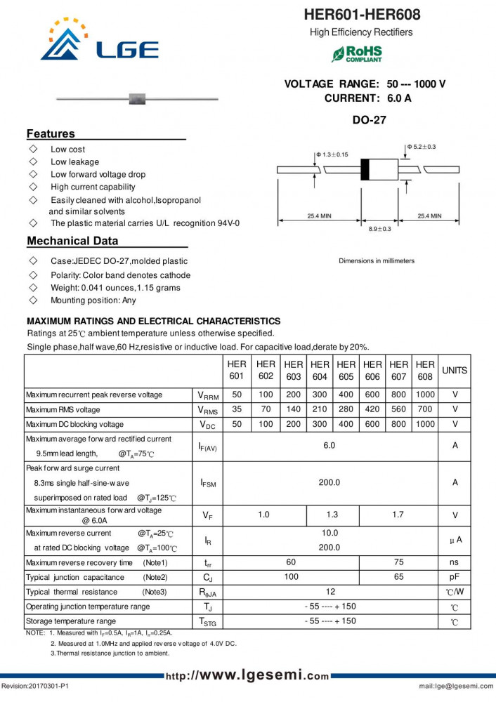 LGE HER605 datasheet page 1