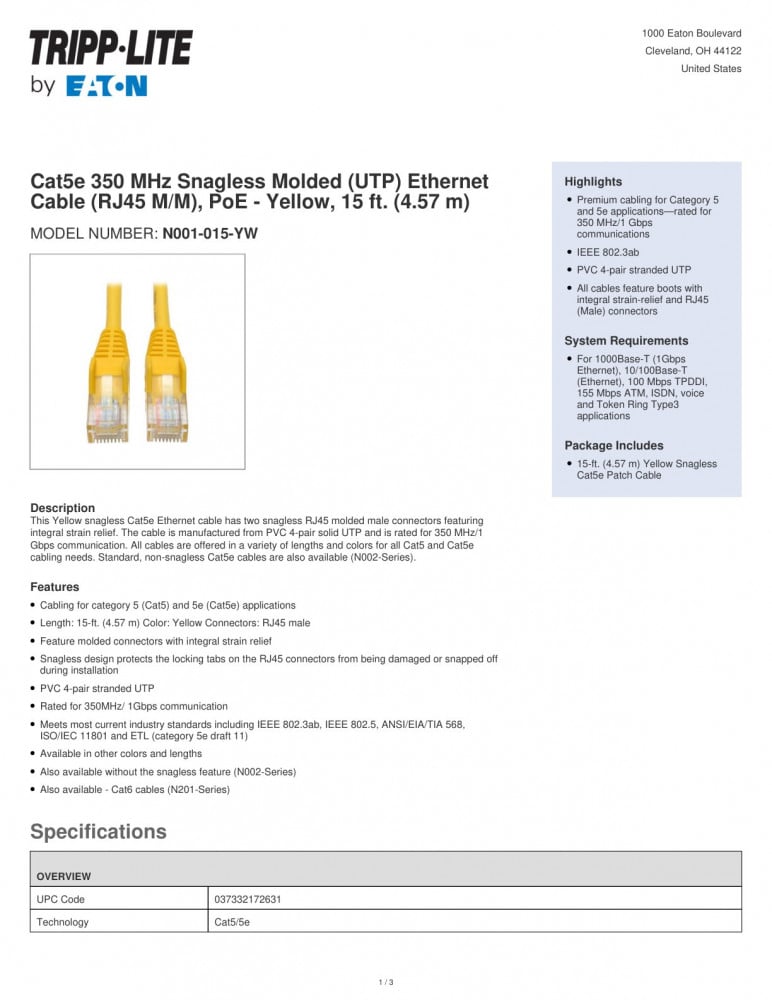 EATON N001-015-YW technical document page 1