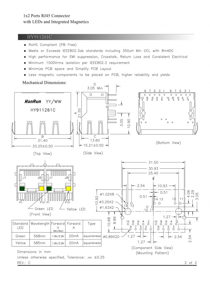 HY911261C mechanical dimensions and LED information