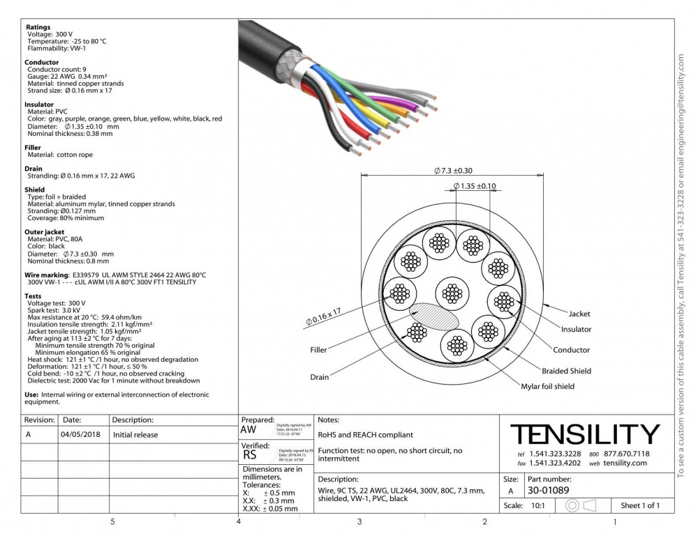 Tensility 30-01089 cable product drawing and technical specification