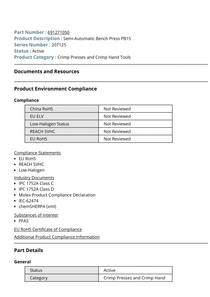 Molex PB15 product document image, page 1