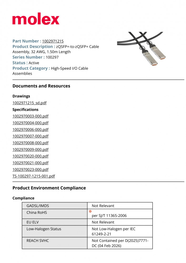 Molex cable assembly drawing, page 1