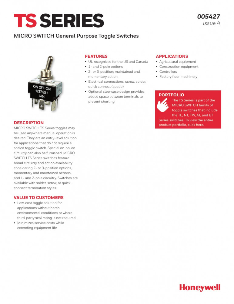 Honeywell TS Series datasheet page 1