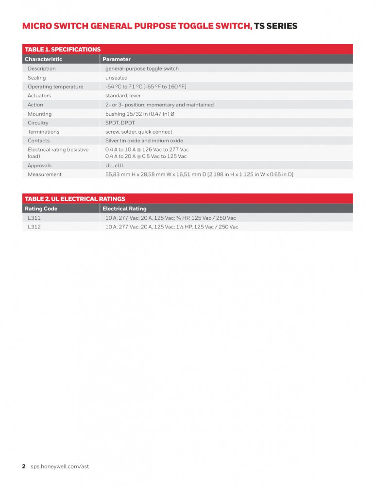 Honeywell TS Series datasheet page 2