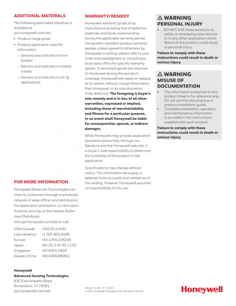 Honeywell TS Series datasheet page 6