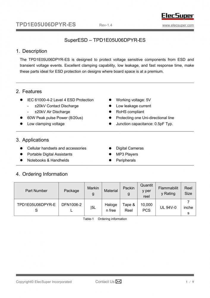TPD1E05U06DPYR-ES datasheet page 1