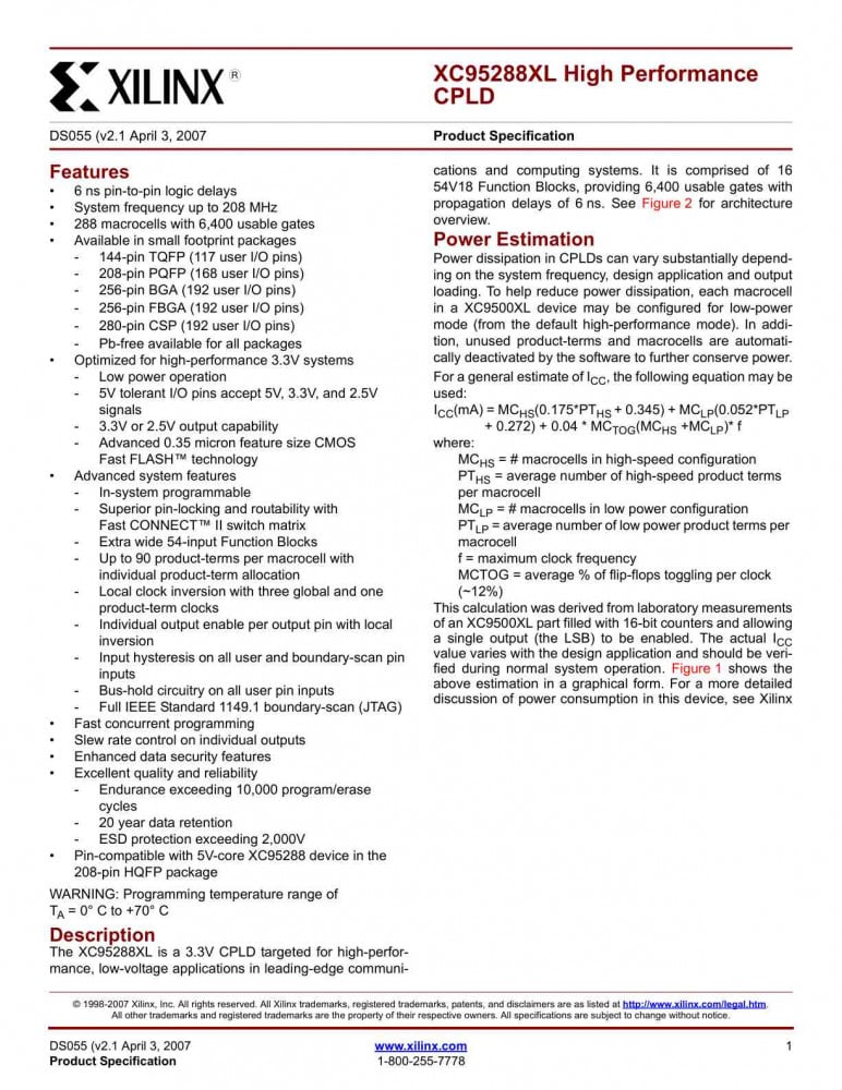 XC95288XL datasheet page 1