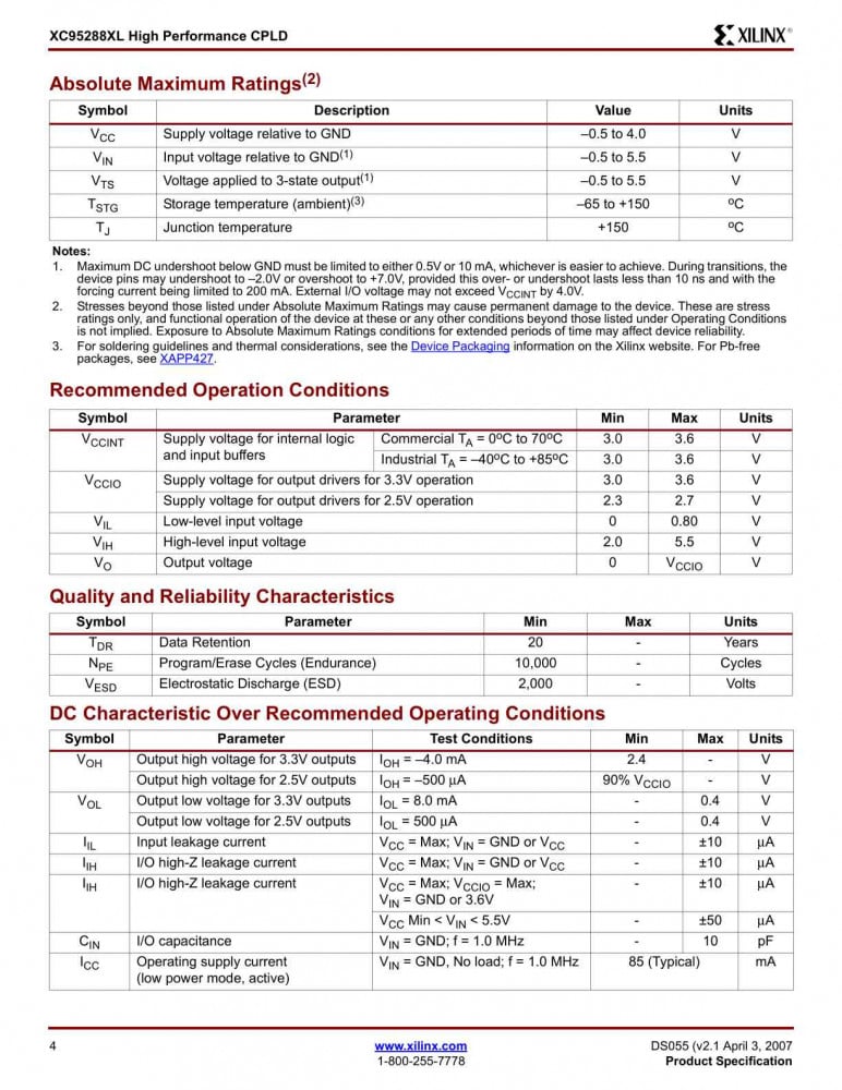 XC95288XL datasheet page 4