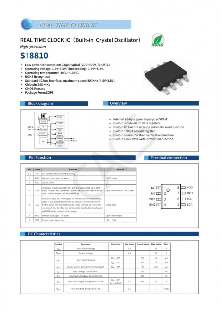 ST8810 real-time clock IC datasheet page preview