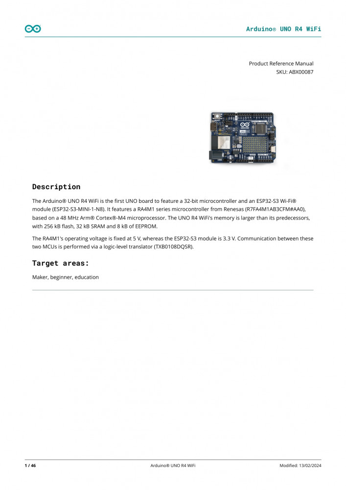 Arduino UNO R4 WiFi manual page 1