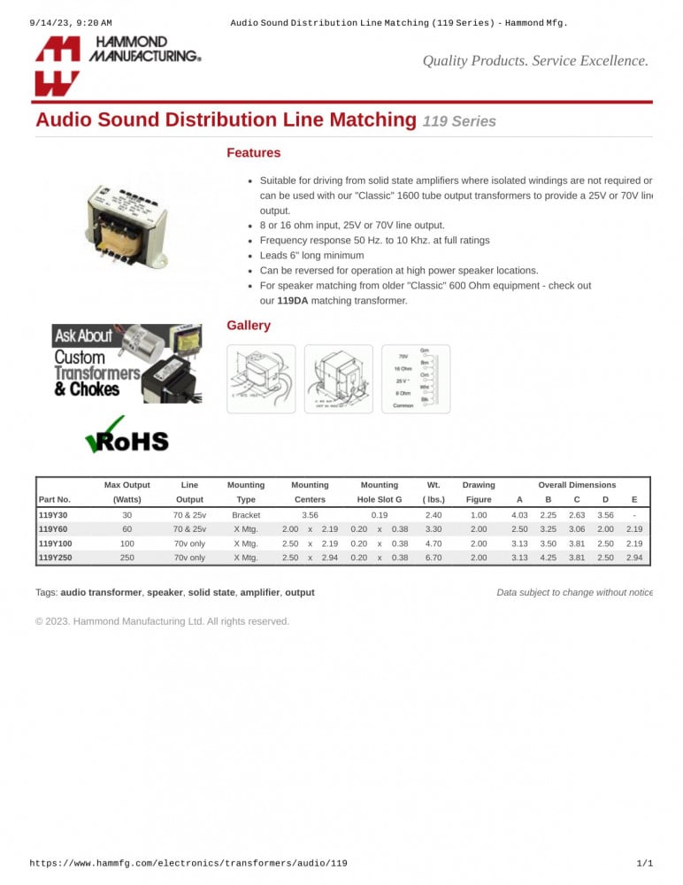 Hammond 119 Series technical documentation
