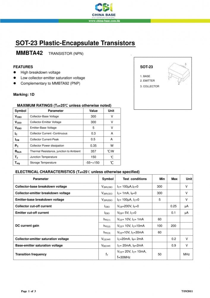 MMBTA42 datasheet page 1