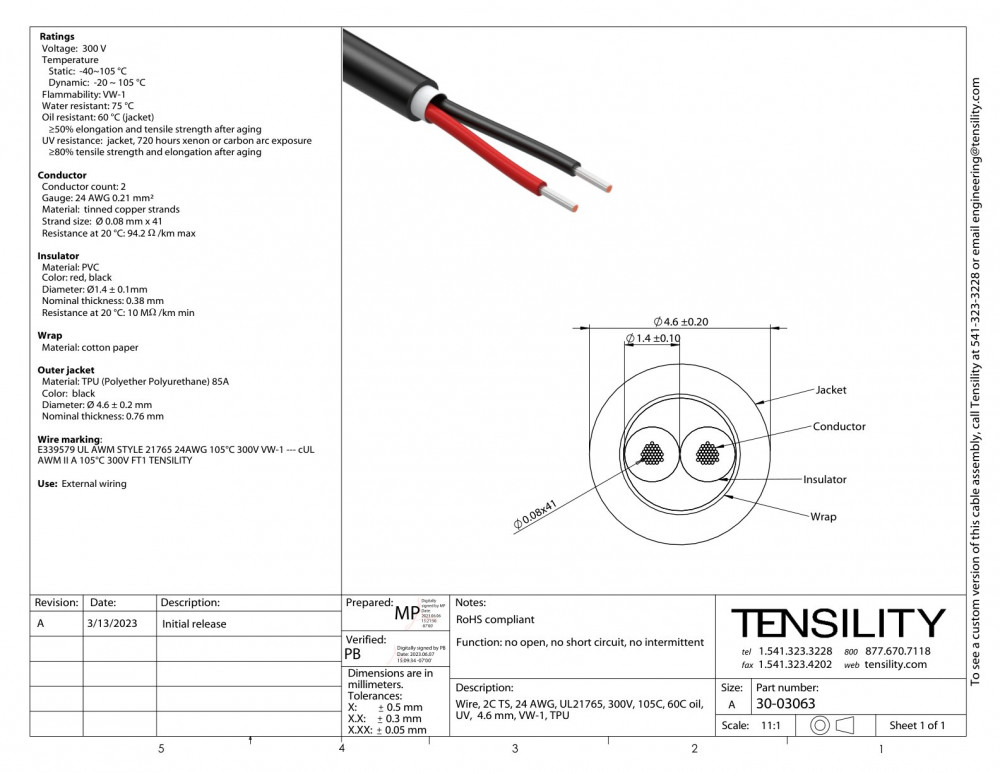 30-03063 product drawing and cable specification