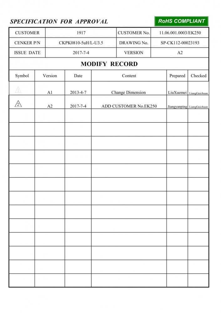 CKPK0810-5uH/L-U3.5 approval specification page 2