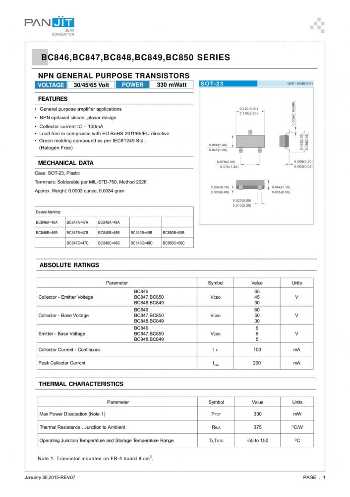 PANJIT BC846 series datasheet page 1