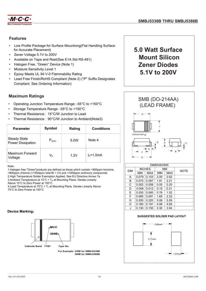 MCC SMBJ5350B-TP datasheet page 1