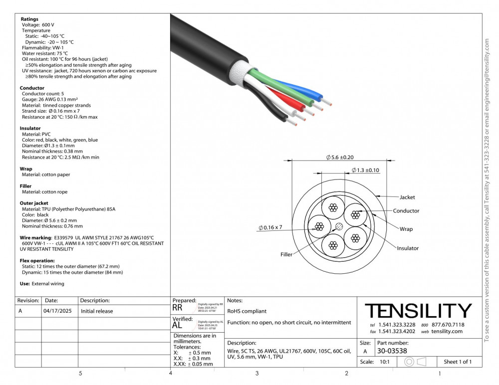 30-03538 product drawing and cable specification