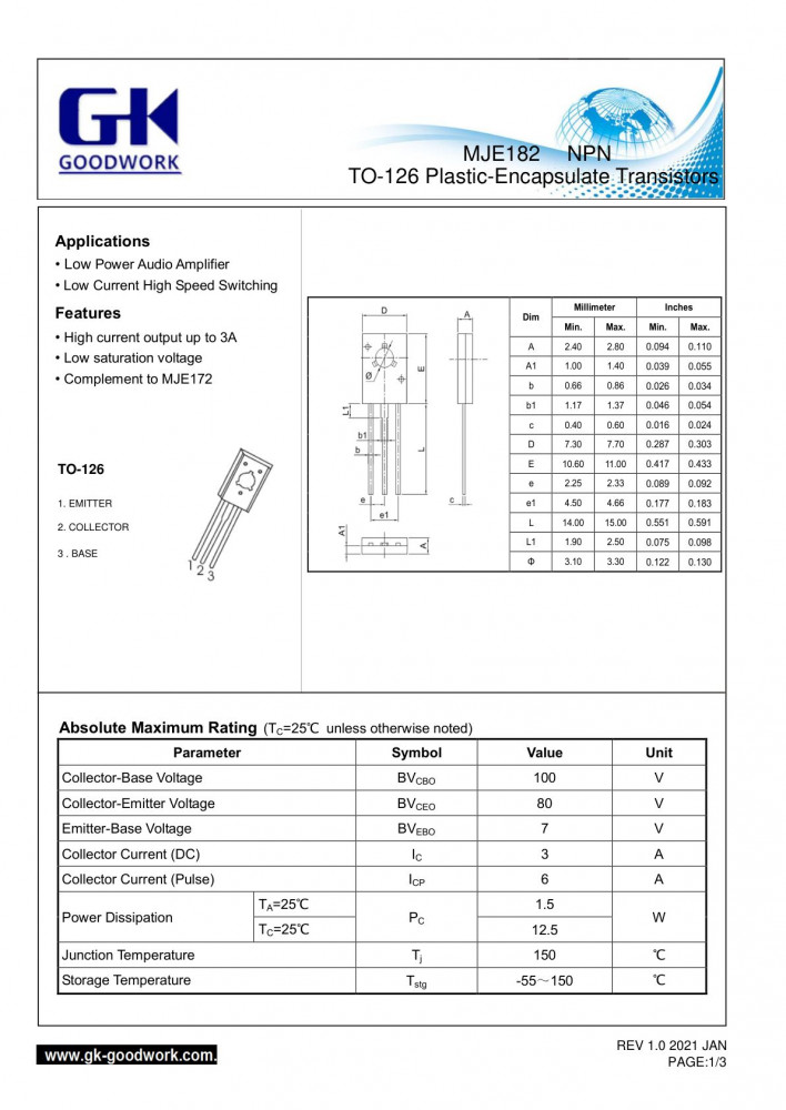 MJE182 technical document page 1