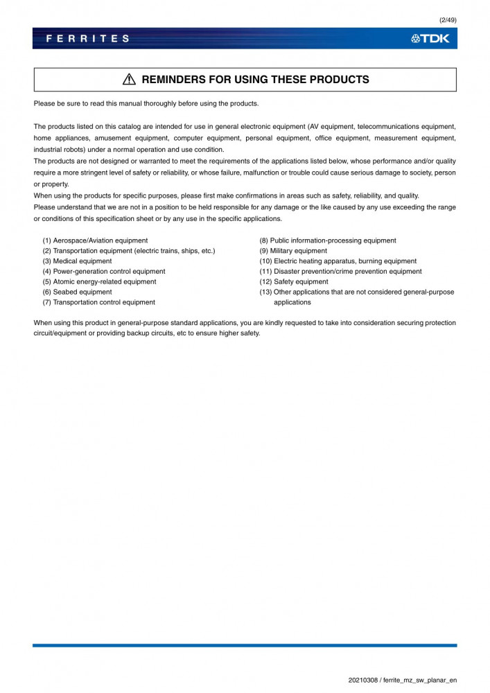 TDK planar ferrite core document page 2