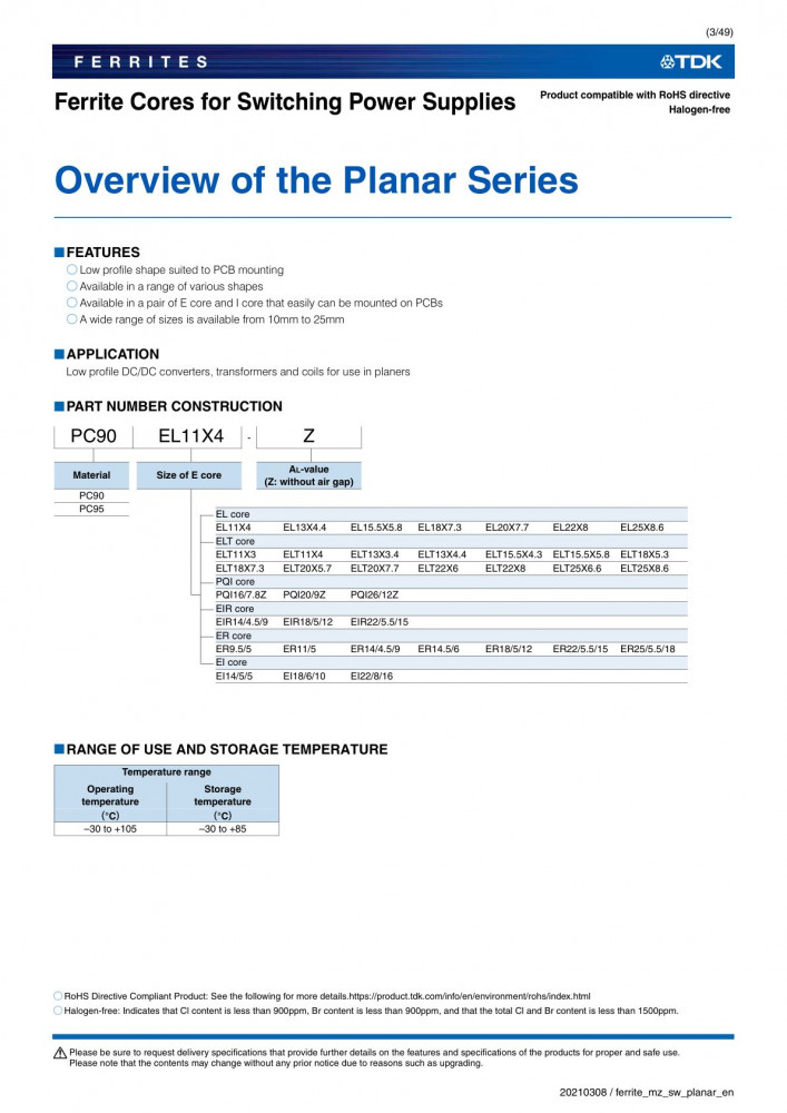 TDK planar ferrite core document page 3