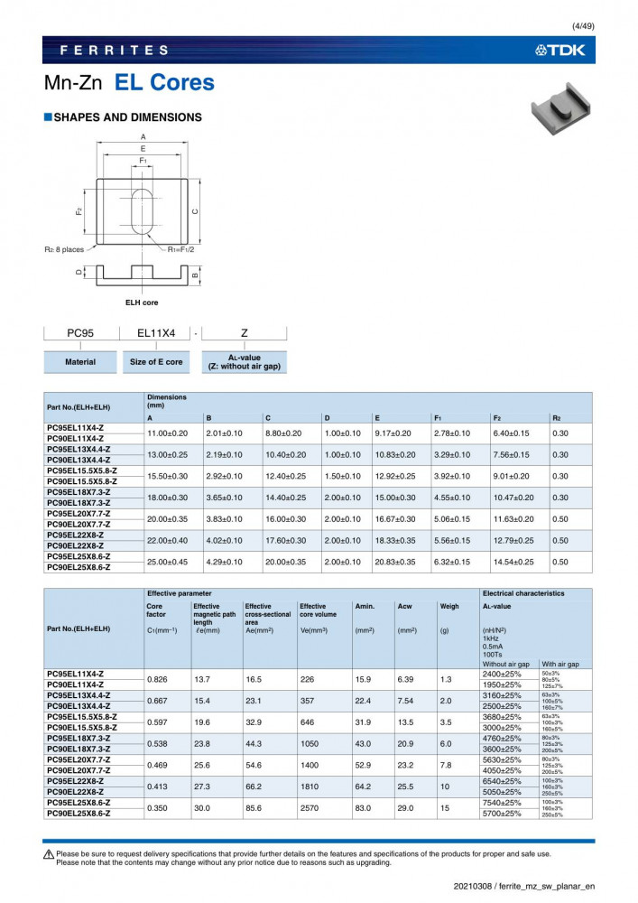 TDK planar ferrite core document page 4