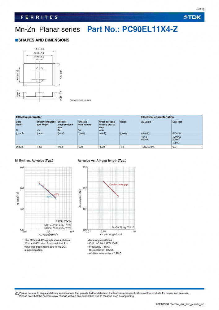 TDK planar ferrite core document page 5