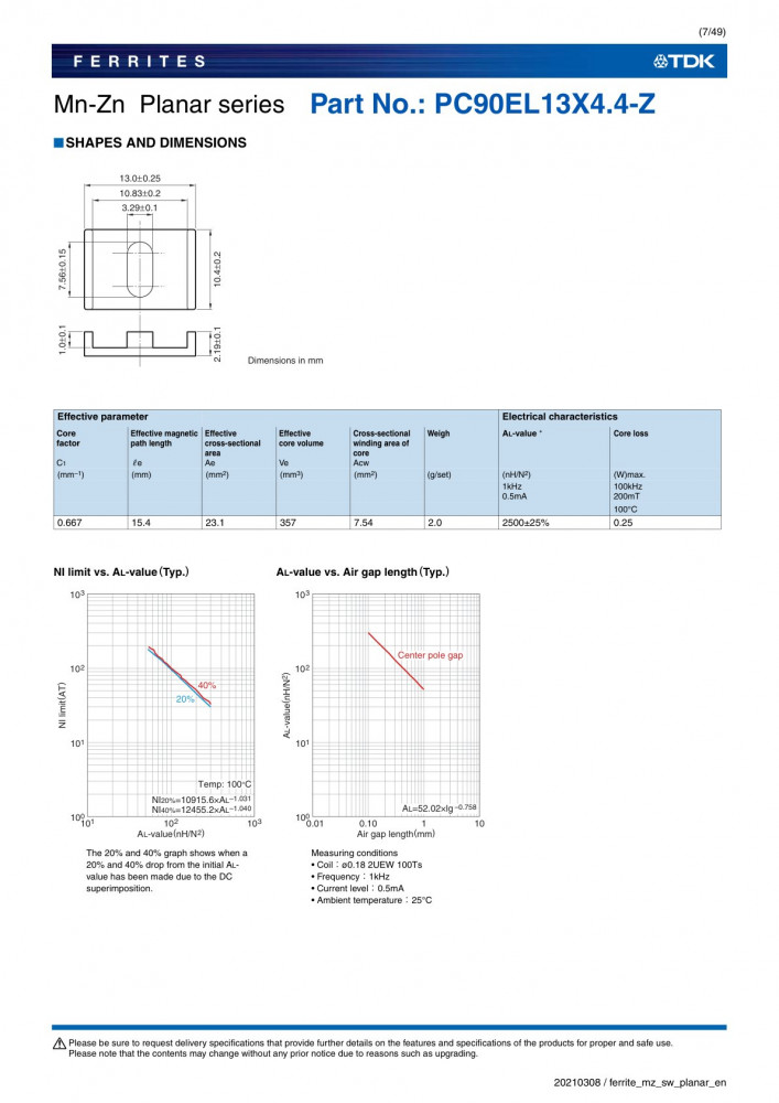 TDK planar ferrite core document page 7