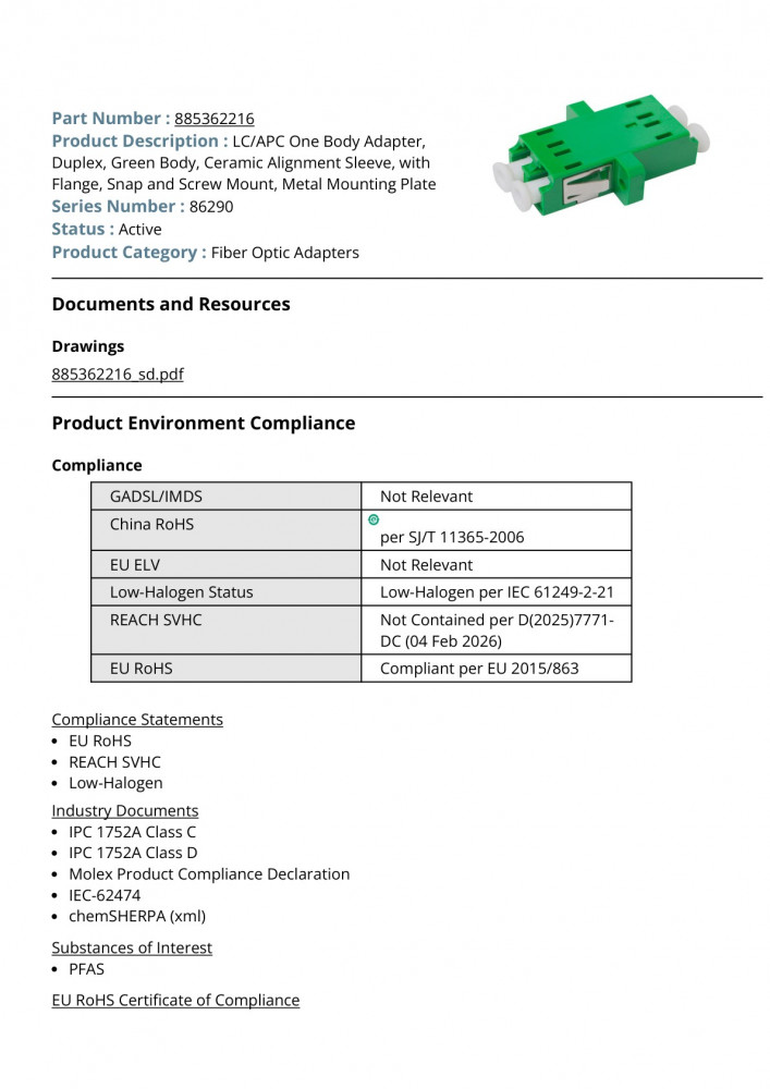 Molex 885362216 product drawing preview, page 1