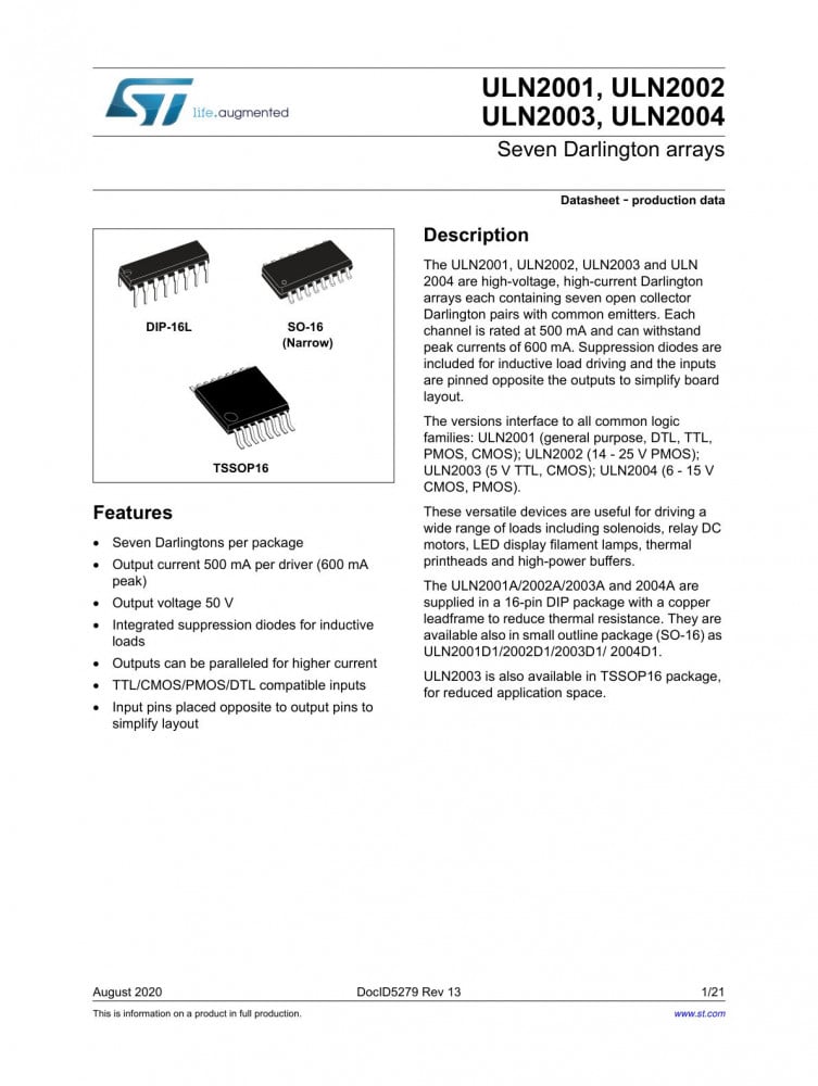 ULN2002A datasheet page 1