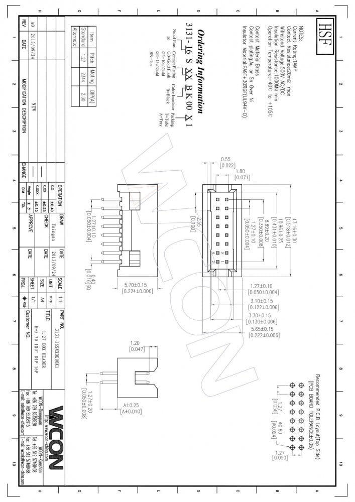 Wcon 3131 series 1.27 mm box header technical drawing