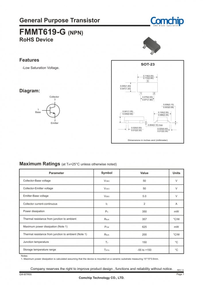 FMMT619-G datasheet page 1