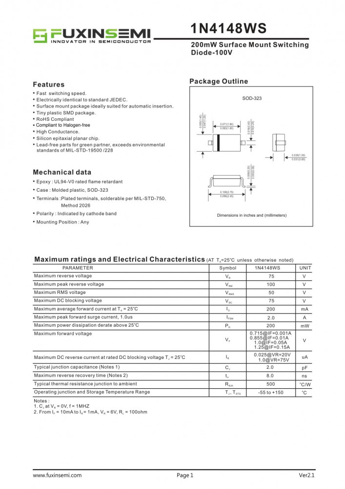 1N4148WS datasheet page 1