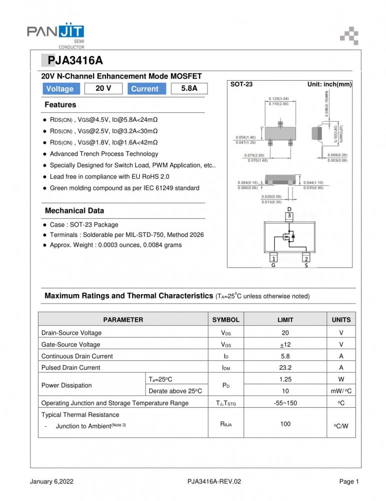 PJA3416A datasheet page 1
