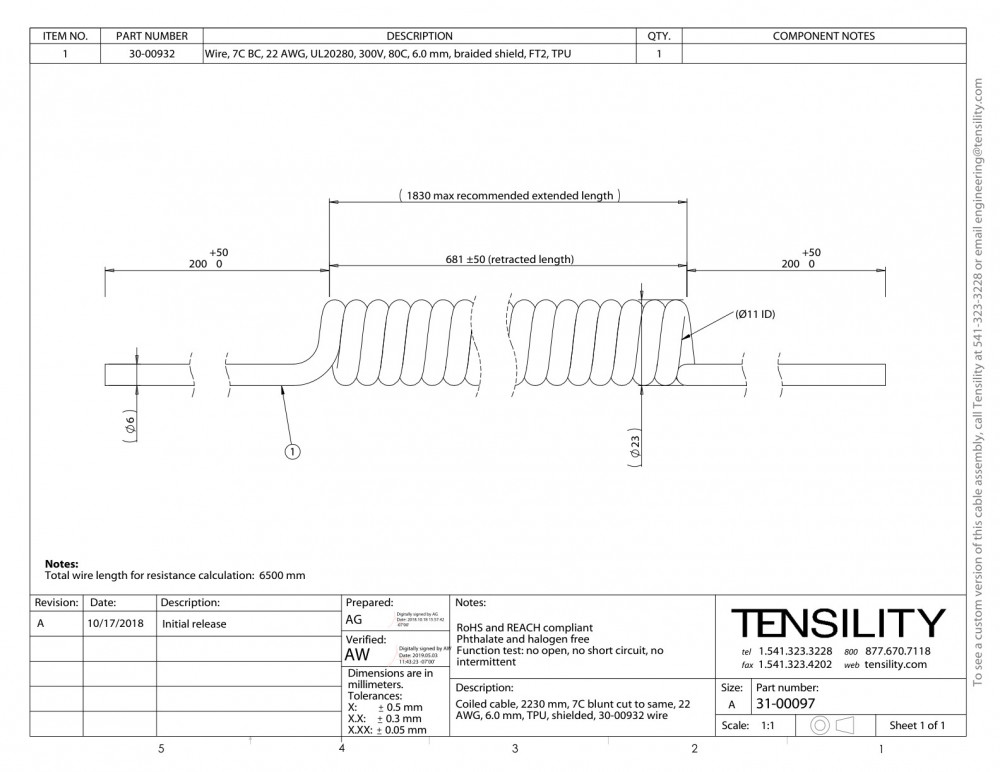 Tensility International drawing for cable assembly 31-00097