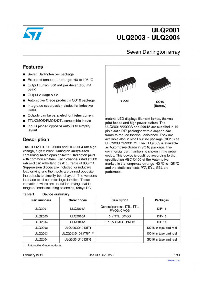 ULQ2003 datasheet page 1
