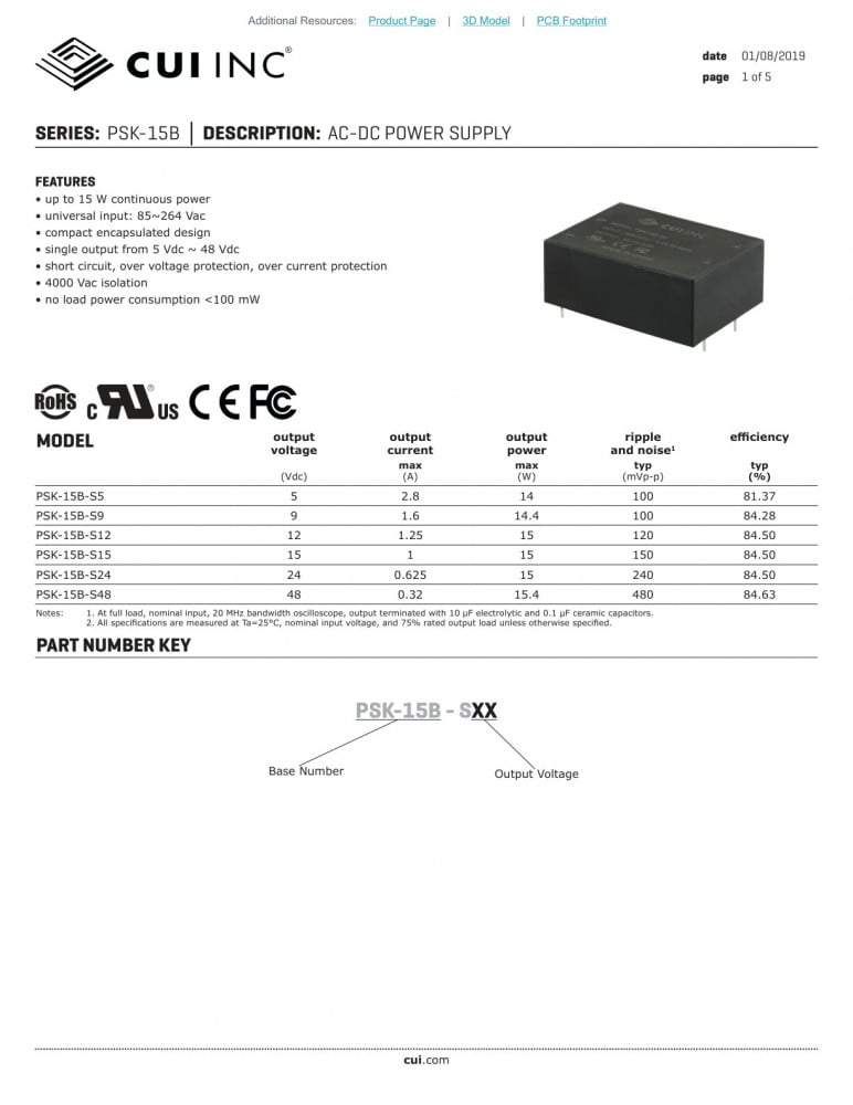CUI PSK-15B datasheet page 1