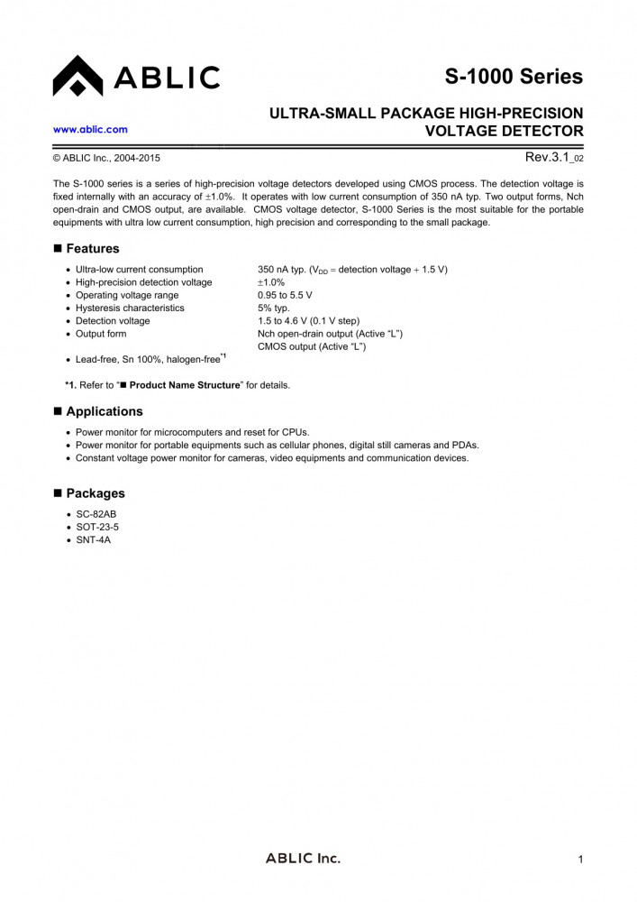 ABLIC S-1000 datasheet page 1