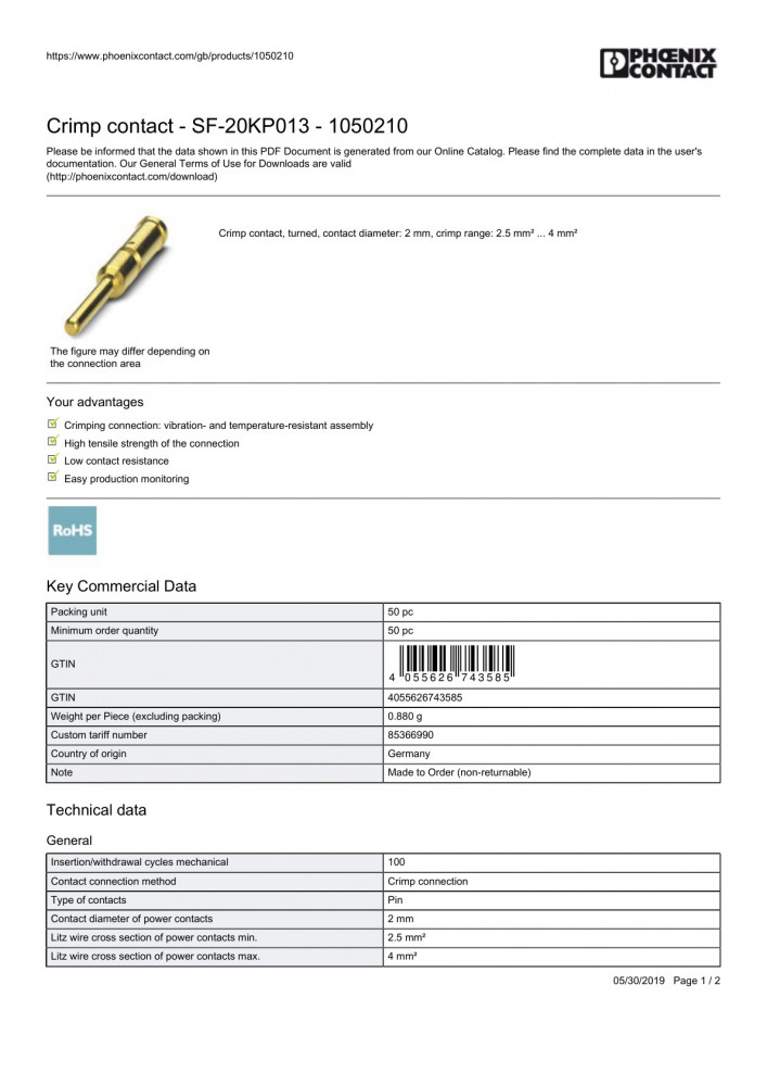 Phoenix Contact 1050210 technical document page 1