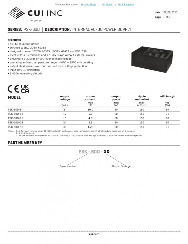CUI PSK-60D datasheet page 1