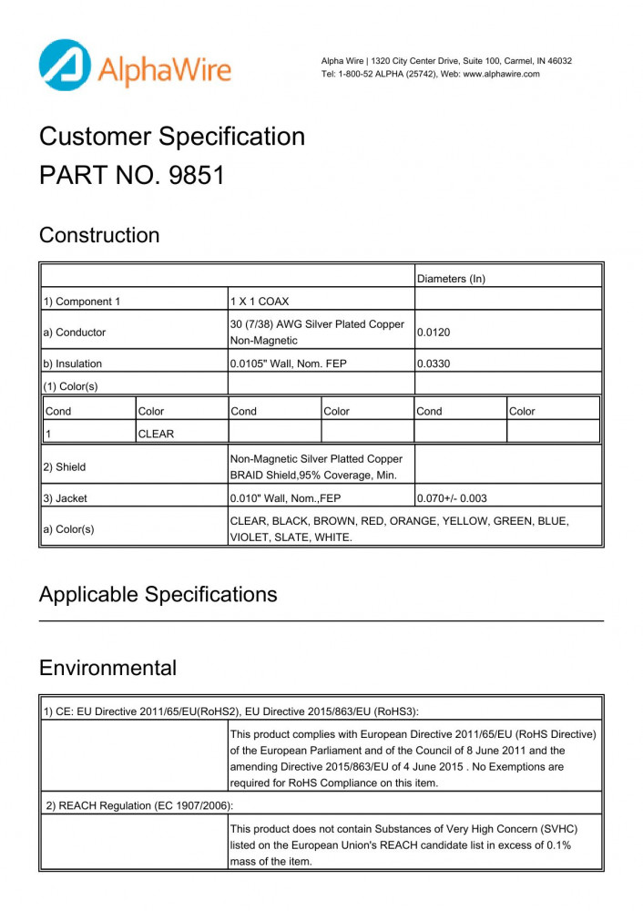 Alpha Wire 9851 technical specification page 1