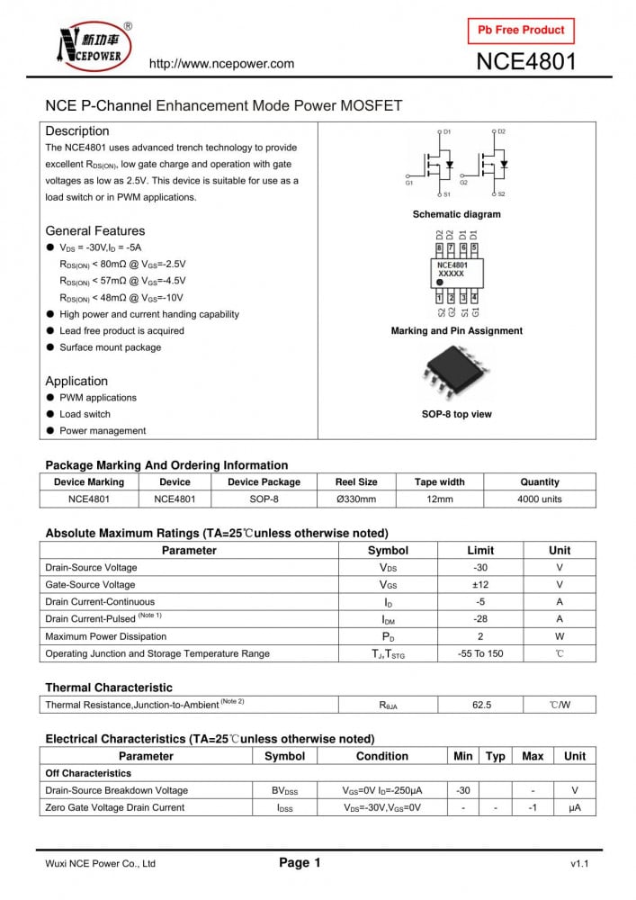 NCE4801 datasheet page 1