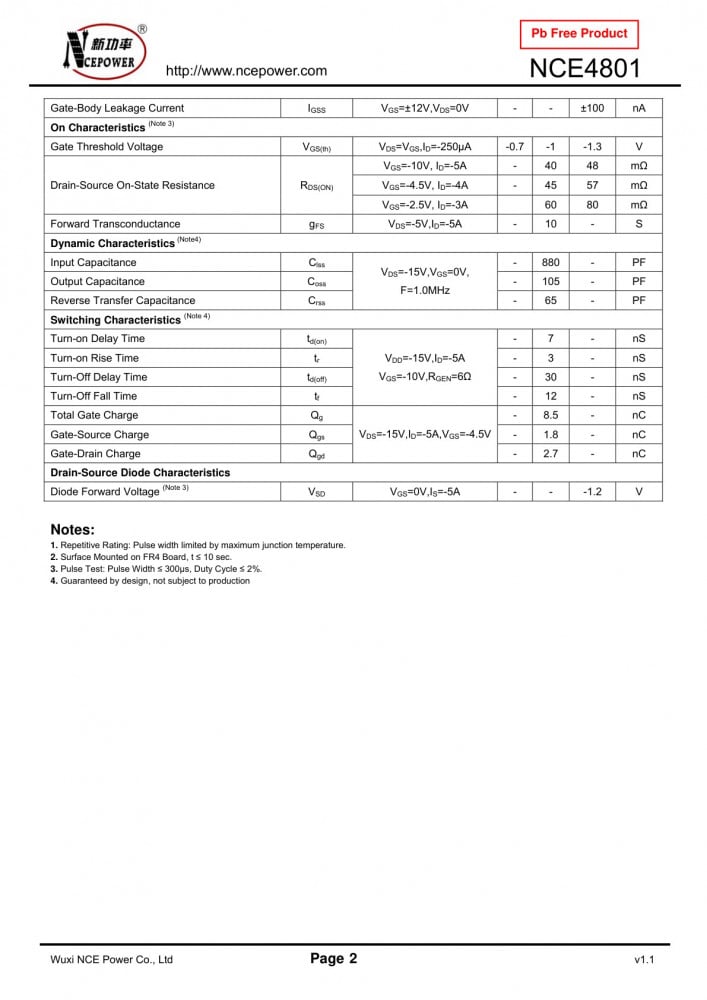 NCE4801 datasheet page 2