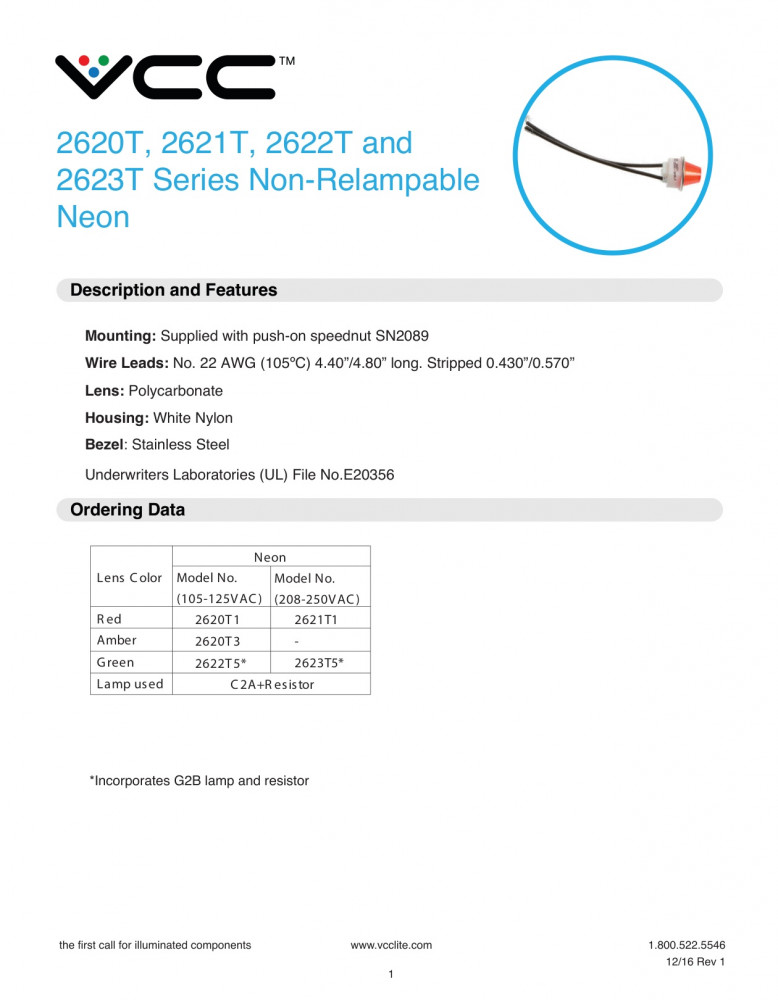 VCC 2620T–2623T neon indicator technical document, page 1