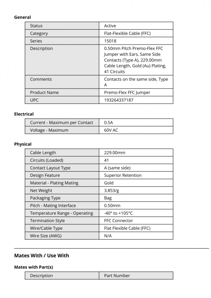Molex 15018 FFC product specification page 2
