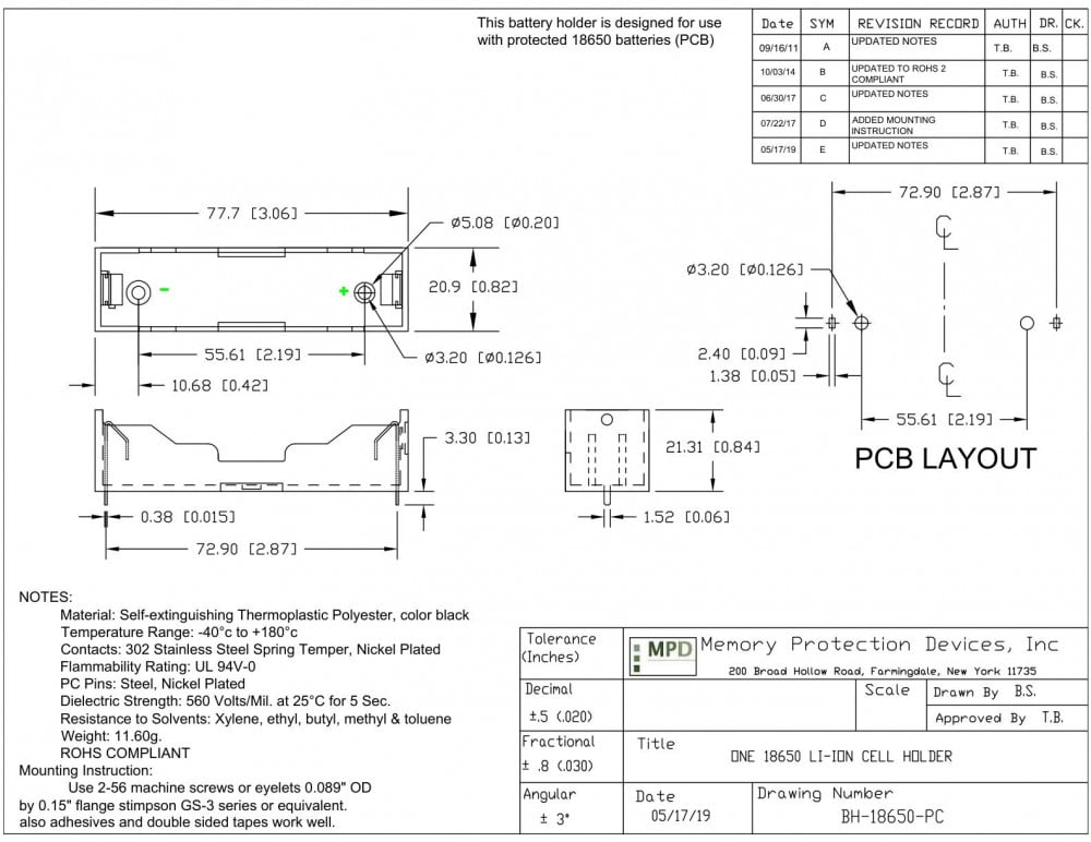 MPD BH-18650-PC technical drawing preview