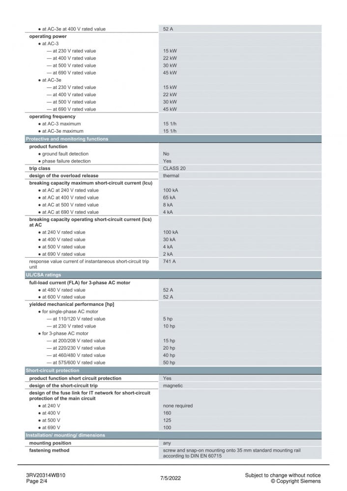 SIEMENS 3RV20314WB10 datasheet page 2