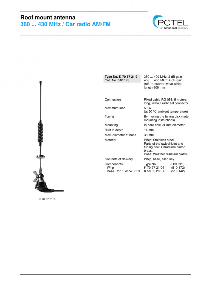 ANTENNA SPECIALISTS K 70 57 21 9 product documentation image
